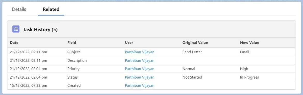 Spring 23 – Track Field History for Activities (Task and Events) : Parthiban Vijayan